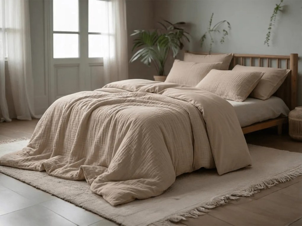 Oboustranné mušelínové povlečení AVESSO béžové Rozměr povlečení: 2 ks 70 x 90 cm | 200 x 200 cm