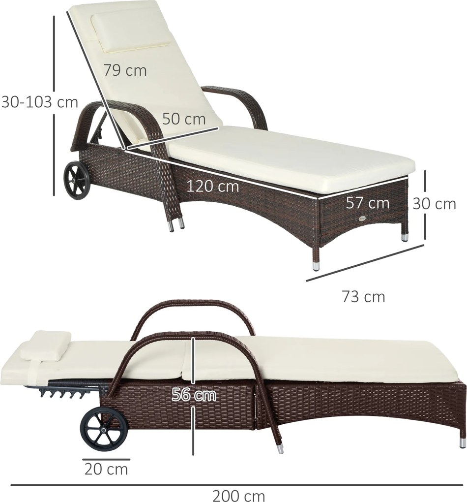 Zahradní lehátko Outsunny s polštáři a kolečky, mobilní ratanové lehátko z polyratanu a kovu, kávově hnědé, 200 x 73 x 30-103cm | Aosom.de