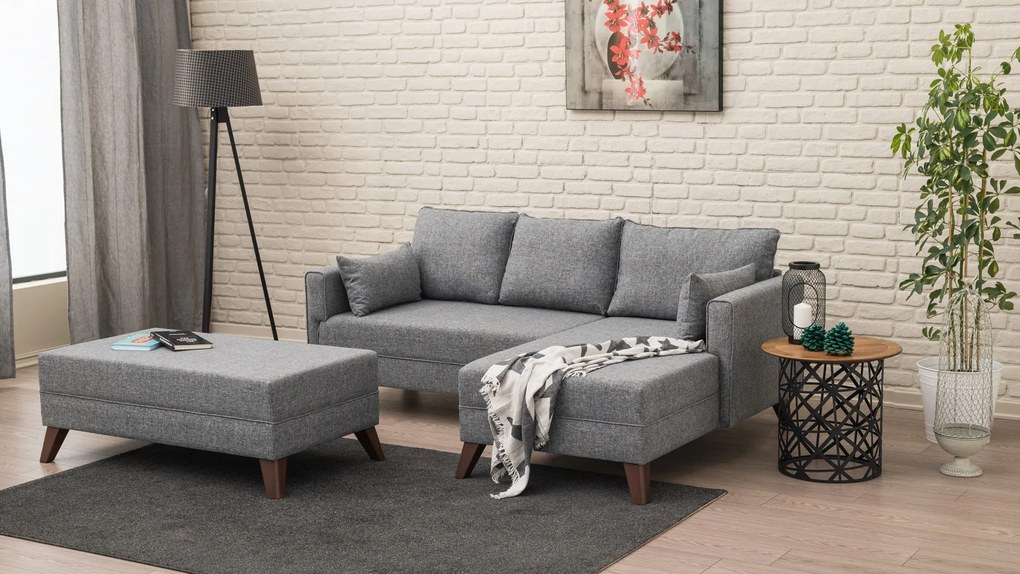 Hanah Home Třímístná pohovka BELLA šedá pravá 205 cm s taburetem 825BLC1504