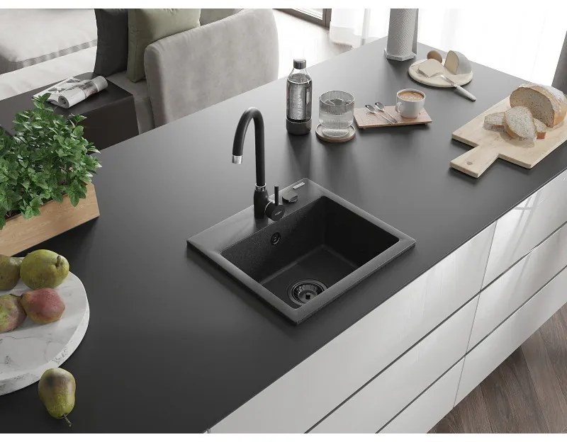 Mexen Milo, granitový dřez 435x410x171 mm, 1-komorový, černá-skvrny s černým sifonem, 6505441000-76-B
