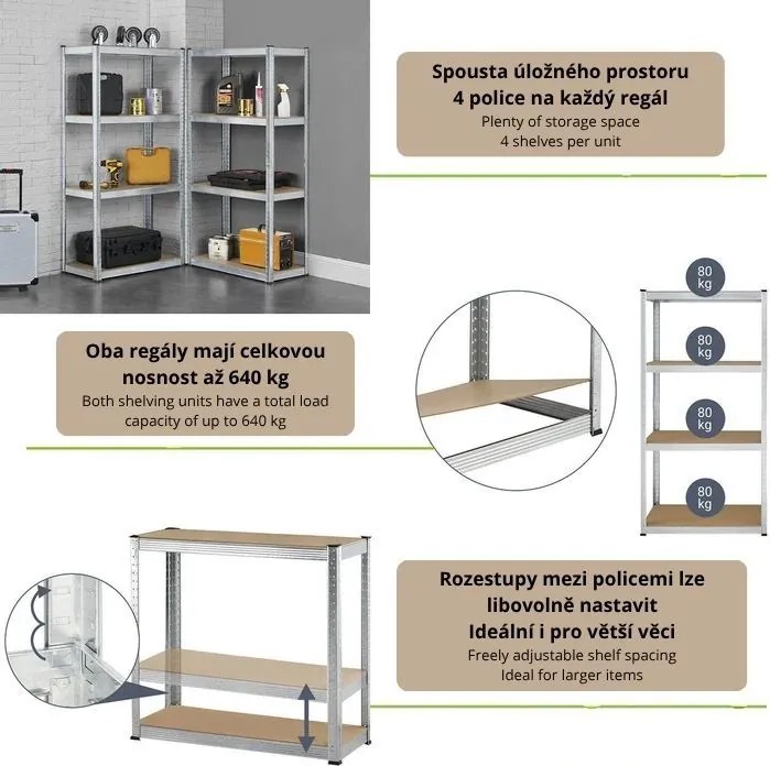 Sada Kovový regál 2 ks 160 × 80 × 40 cm, 8 polic, variabilní