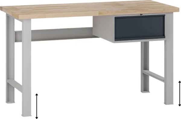 Výškově nastavitelný dílenský stůl G7, buková spárovka, 1500 x 685 x 840-1040 mm, 1x kontejner, 1 zásuvka, grafit