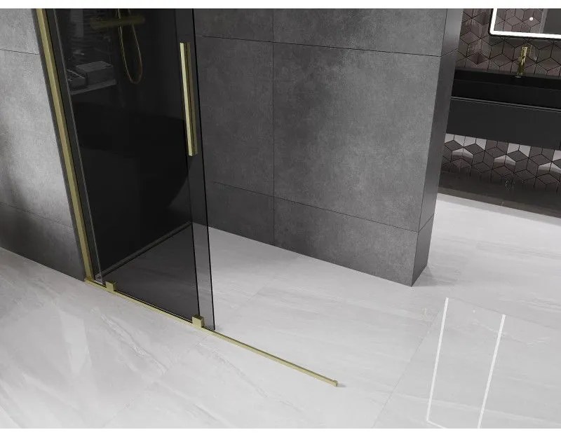 Mexen Velar, sprchová zástěna s posuvnými dveřmi Walk-in 150 x 200 cm, 8mm šedé sklo, zlatá matná, 871-150-000-43-55