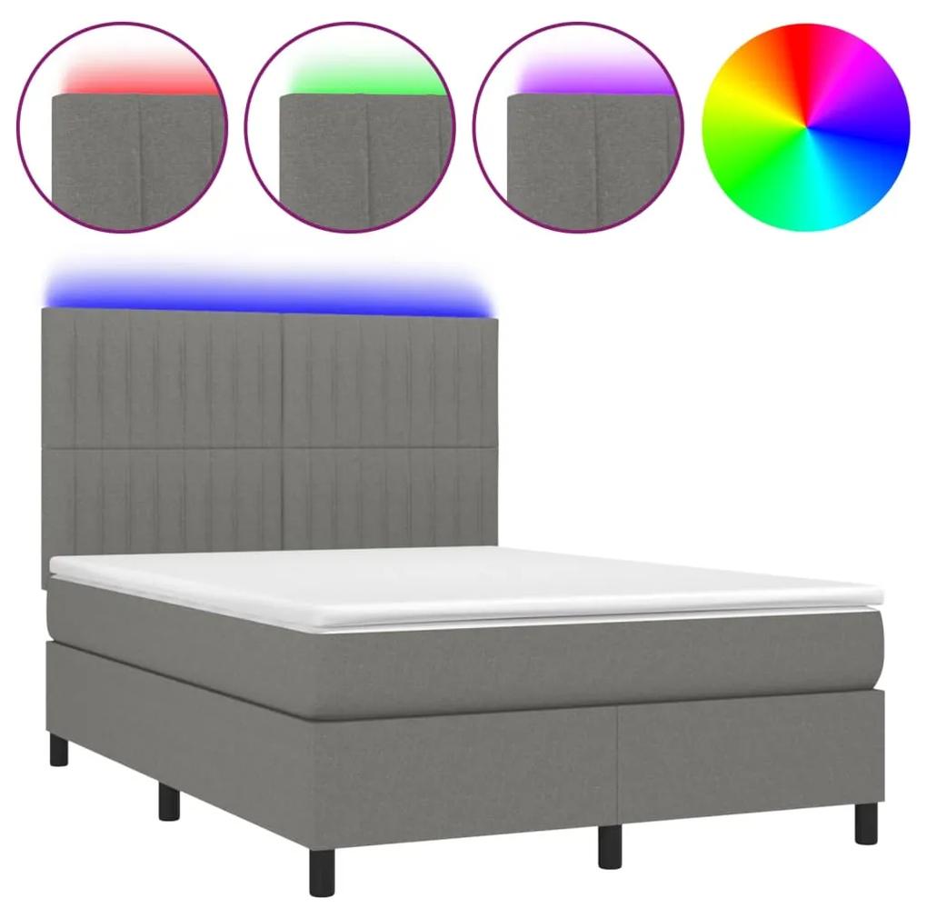 vidaXL Box spring postel s matrací a LED tmavě šedá 140x190 cm textil