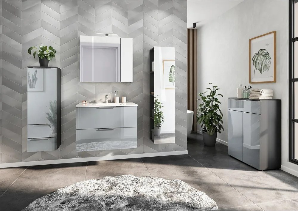 Šedá lesklá závěsná skříňka s umyvadlem 81x61 cm Vasio – Germania