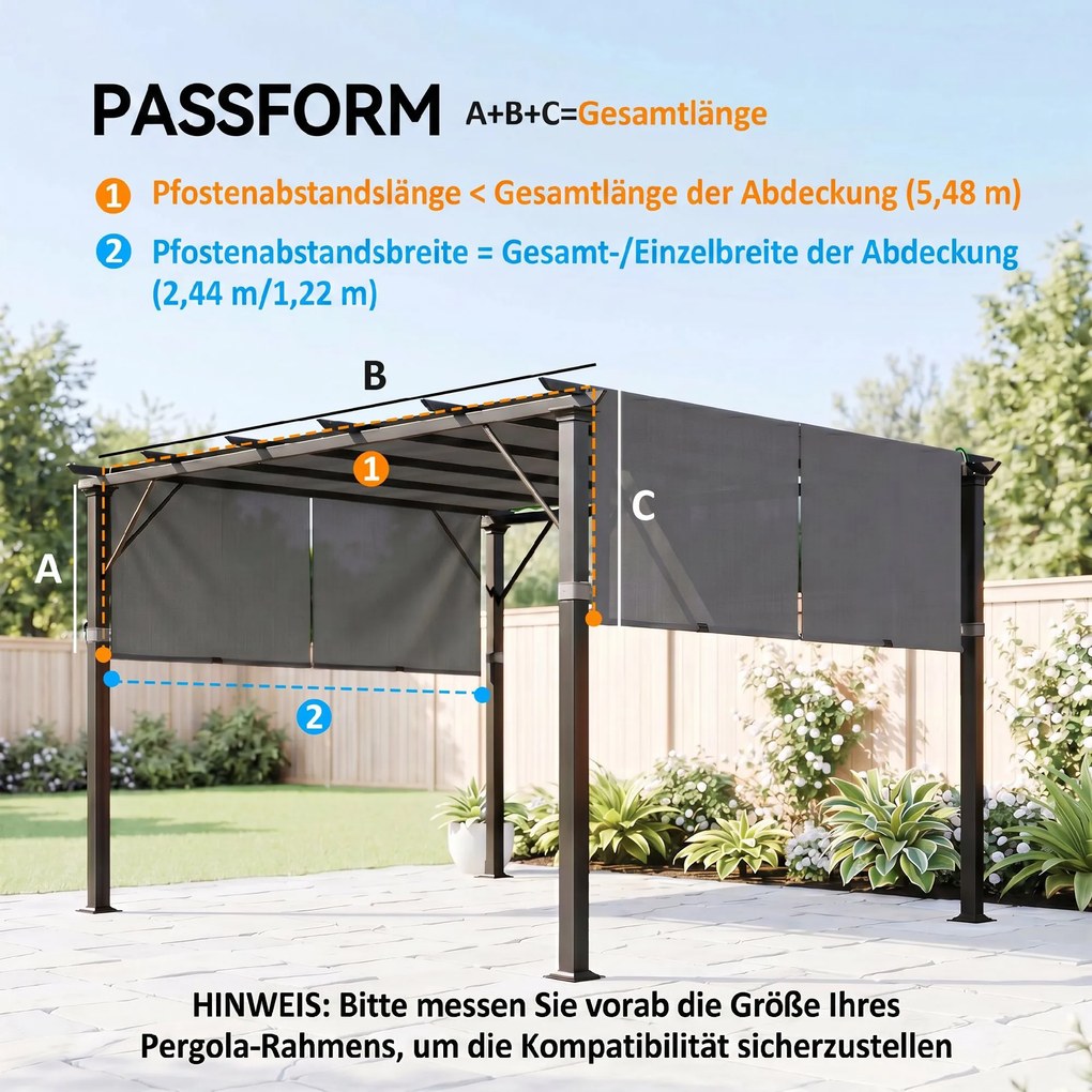 Outsunny Sada 2 skládacích pergolových náhradních plachet 4,9 x 1,2 m pro pergolu 3 x 3 m, polyesterová látka, tmavě šedá, UV ochrana