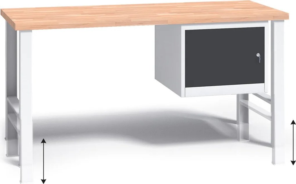 Výškově nastavitelný pracovní stůl do dílny G3 se závěsnou skříňkou na nářadí, buková spárovka, 1500 x 685 x 840 - 1050 mm, grafit