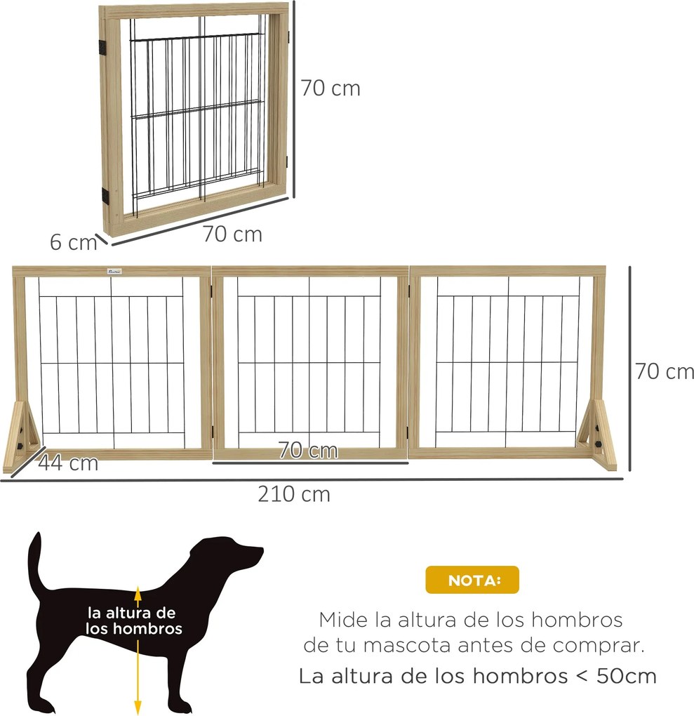 PawHut Dřevěná bariéra pro psy 210x70 cm Skládací brána pro domácí zvířata se 3 panely, oboustranným sklápěním a trojúhelníkovými podpěrnými nohami p…