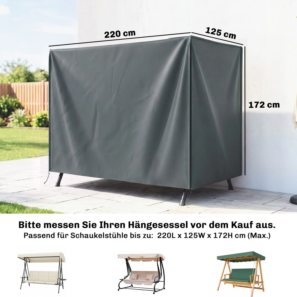 Hollywoodský kryt na 3místnou houpačku Voděodolný ochranný kryt na zahradní houpačku Oxfordská tkanina 220 x 125 x 172 cm, šedý