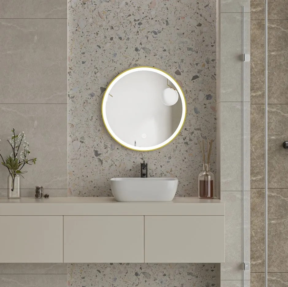 Erga Olivia, kulaté LED zrcadlo 60cm, zlatý kovový rám, 1380 lm, 6500K, ERG-V01-202-6060-GD