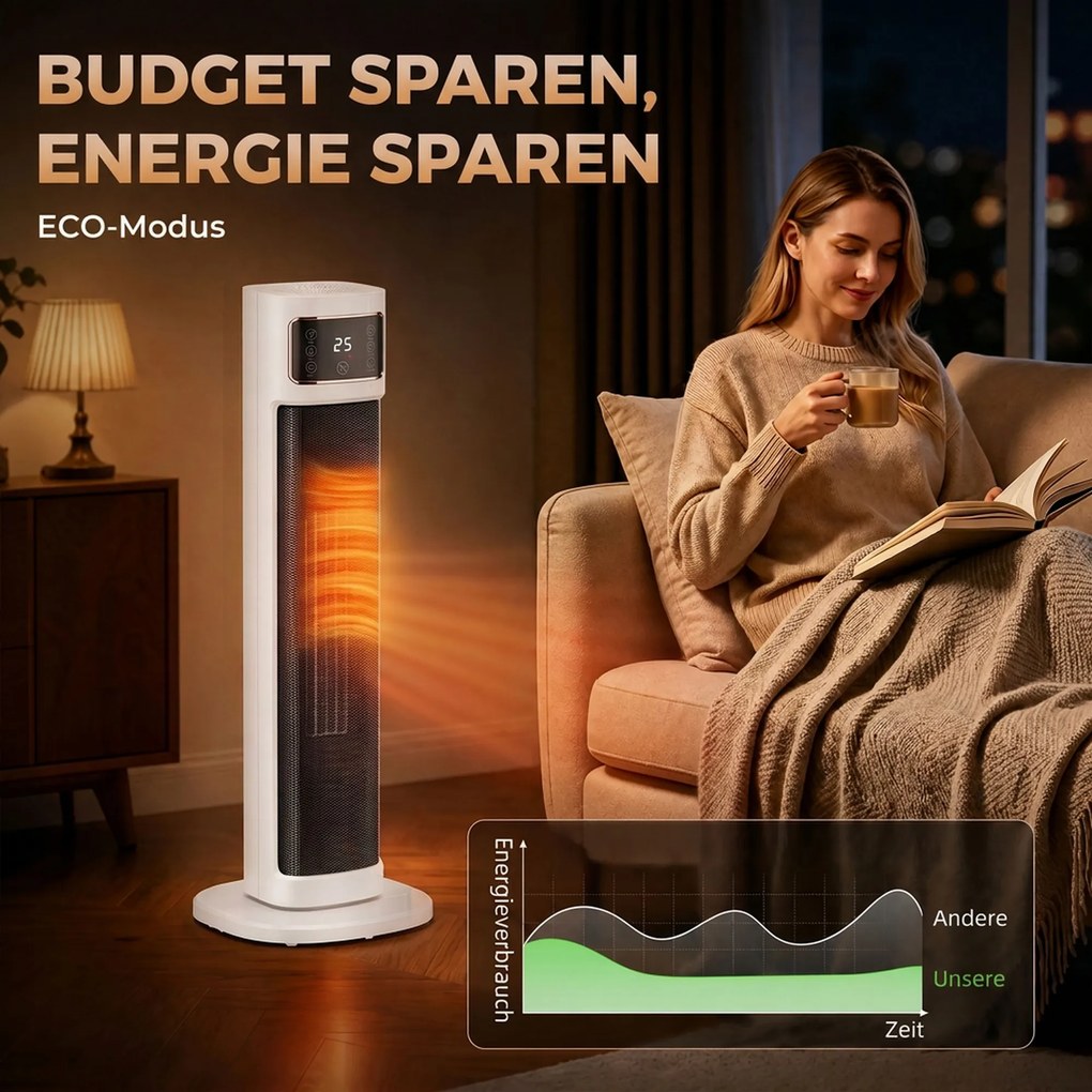 HOMCOM Keramický topný ventilátor, 2000 W, 4 režimy, termostat, dálkové ovládání, úsporný