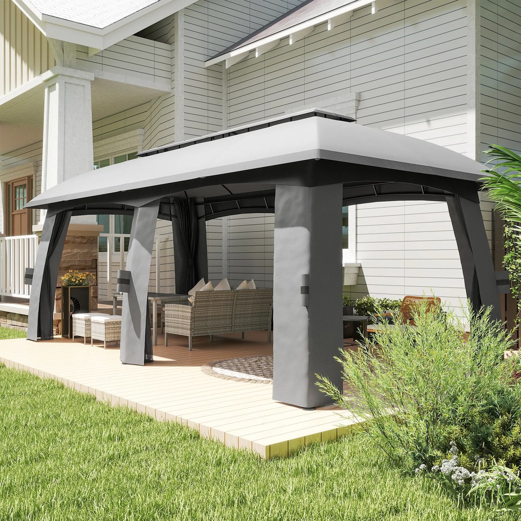 Outsunny pavilon, párty stan, s moskytiérou, větrnou střechou, pro až 15 osob, tmavě šedá, 3 x 6 x 3 m