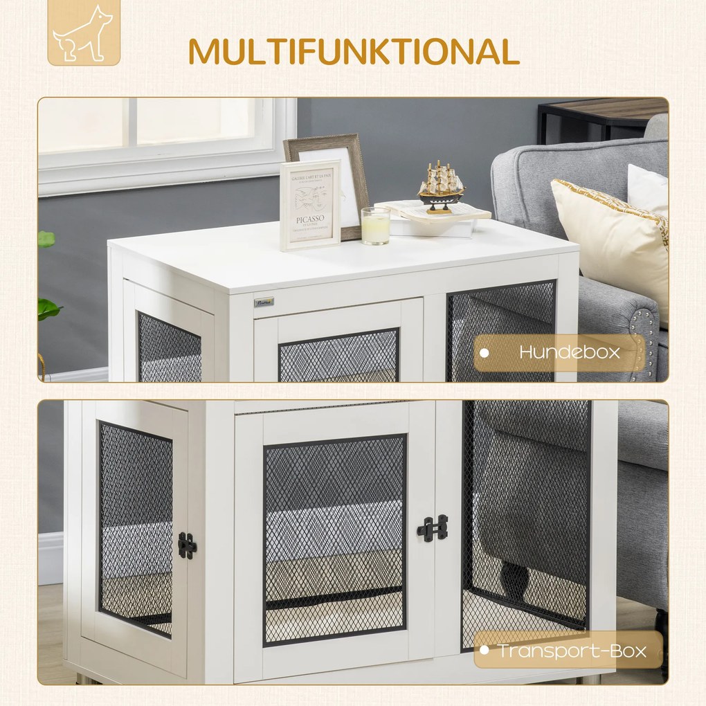PawHut klec pro psy se stolkem, polštář, 2 dvířka, psí bouda, bouda pro psy, vnitřní box pro psy, boční stolek, bílá+černá, 94 x 60 x 71,5 cm | Aosom