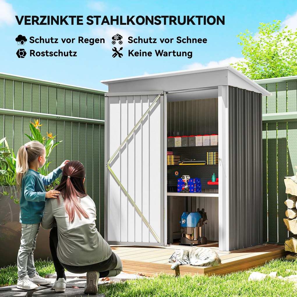 Zahradní domek Outsunny z oceli s 2 nastavitelnými policemi, úložný domek na nářadí s střechou a zamykacími dveřmi, 161x95x163/181cm, Šedý