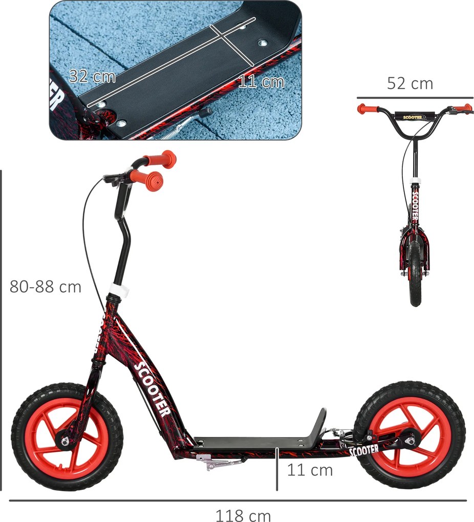 Dětská koloběžka, výškově nastavitelná koloběžka pro děti, s brzdou, stojan, 2 kola, nosnost 50 kg, ocel, plast, červená barva