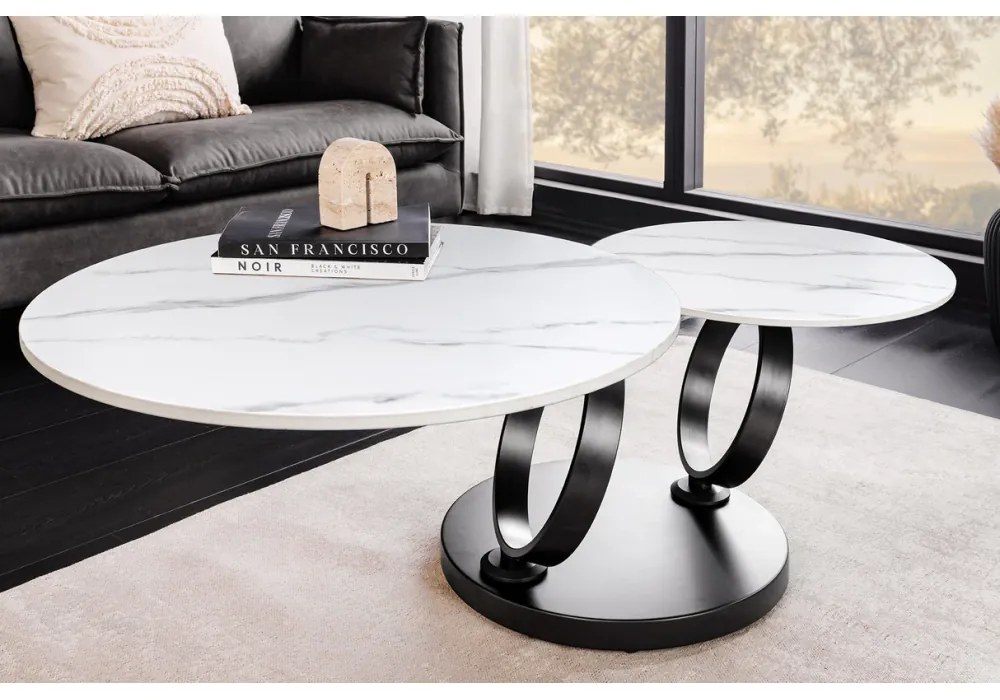 Massive home | Konferenční stolek DANCING RINGS 80-135 cm otočný keramický stůl s bílým mramorovým vzhledem