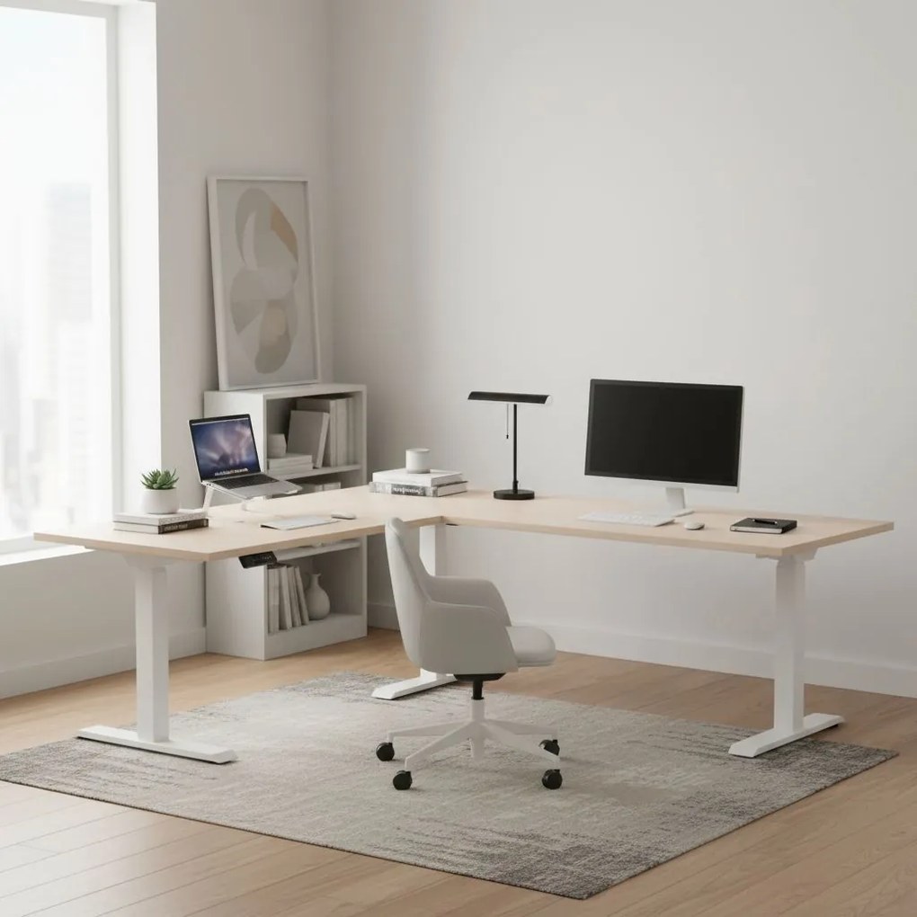 Výškově nastavitelný stůl OfficeTech Angle, 180 x 200 cm, bílá podnož, dub