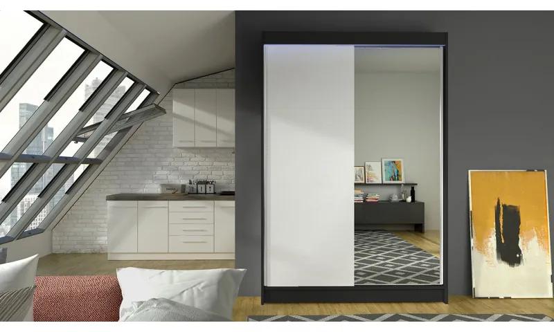 Posuvná skříň se zrcadlem Parys I, Barva: bílá + černá + zrcadlo, Osvětlení: osvětlení LED RGB - barevné