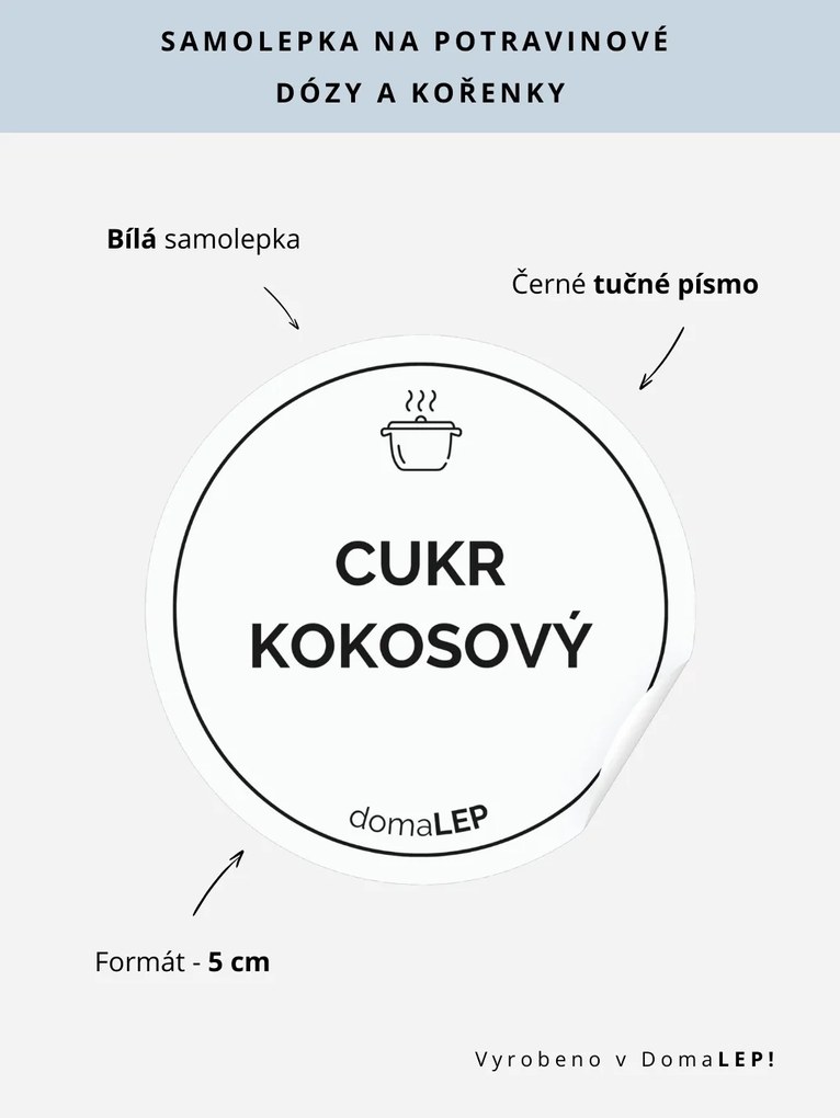 Samolepka na dózu CUKR KOKOSOVÝ – bílá, 5 cm, tučné písmo