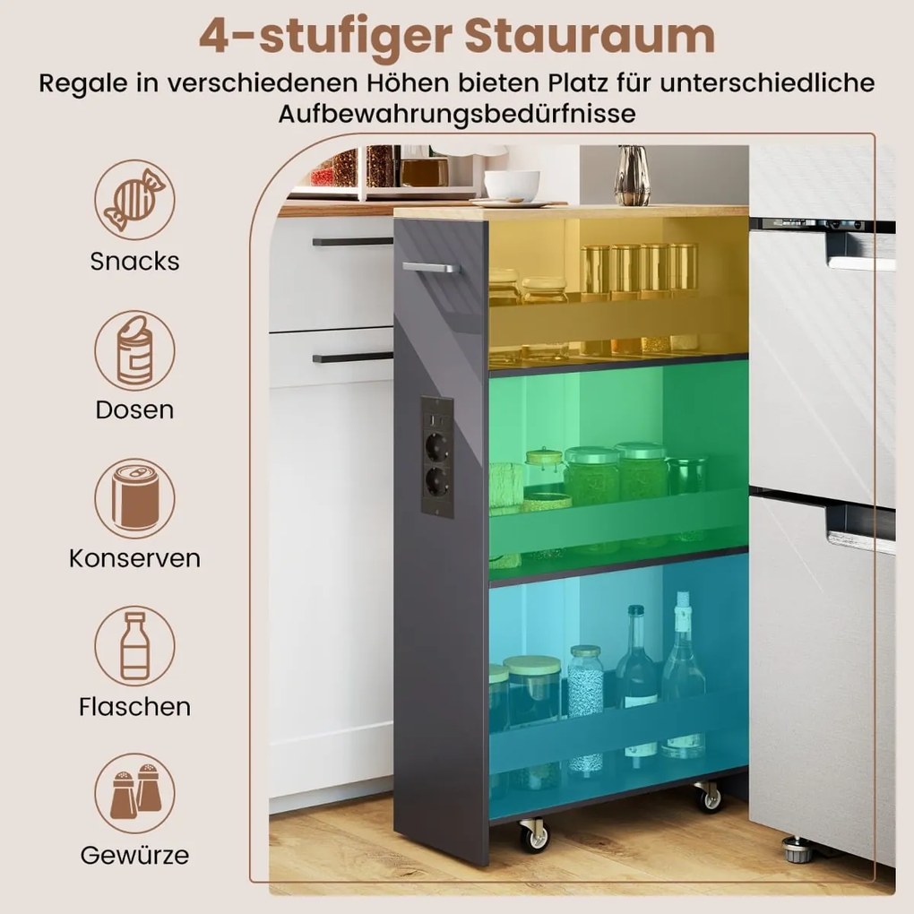 Costway 20 cm tenký úložný vozík s nabíjecí stanicí 4patrový