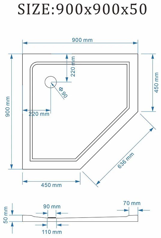 BPS-koupelny Pětiúhelníkový sprchový kout HYD-PK10B 90x90 černá/transparent + vanička HYD-PSV-ST08B bílá