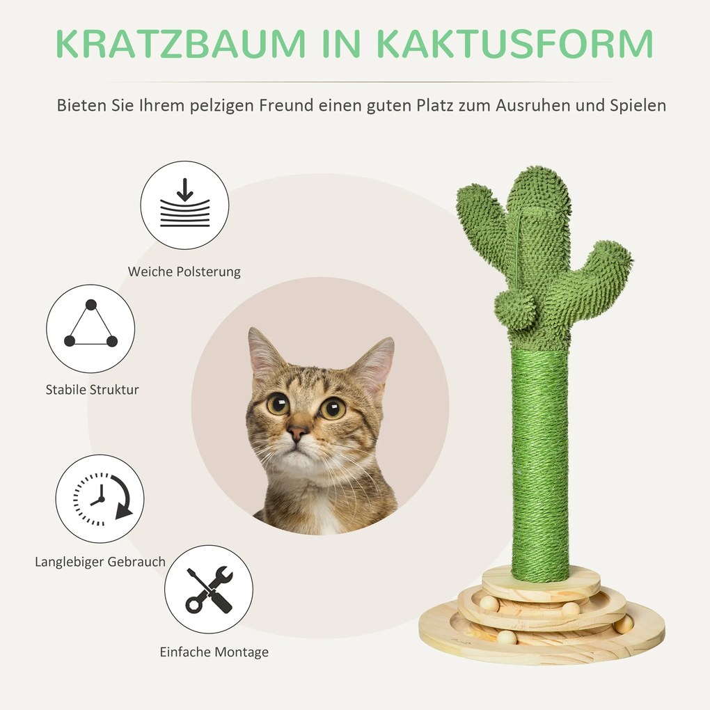 Škrabadlo pro kočky PawHut v designu kaktusu 60 cm z borovicového dřeva a sisalového provazu s dřevěnou kuličkovou hračkou v zelené barvě a přírodě |…