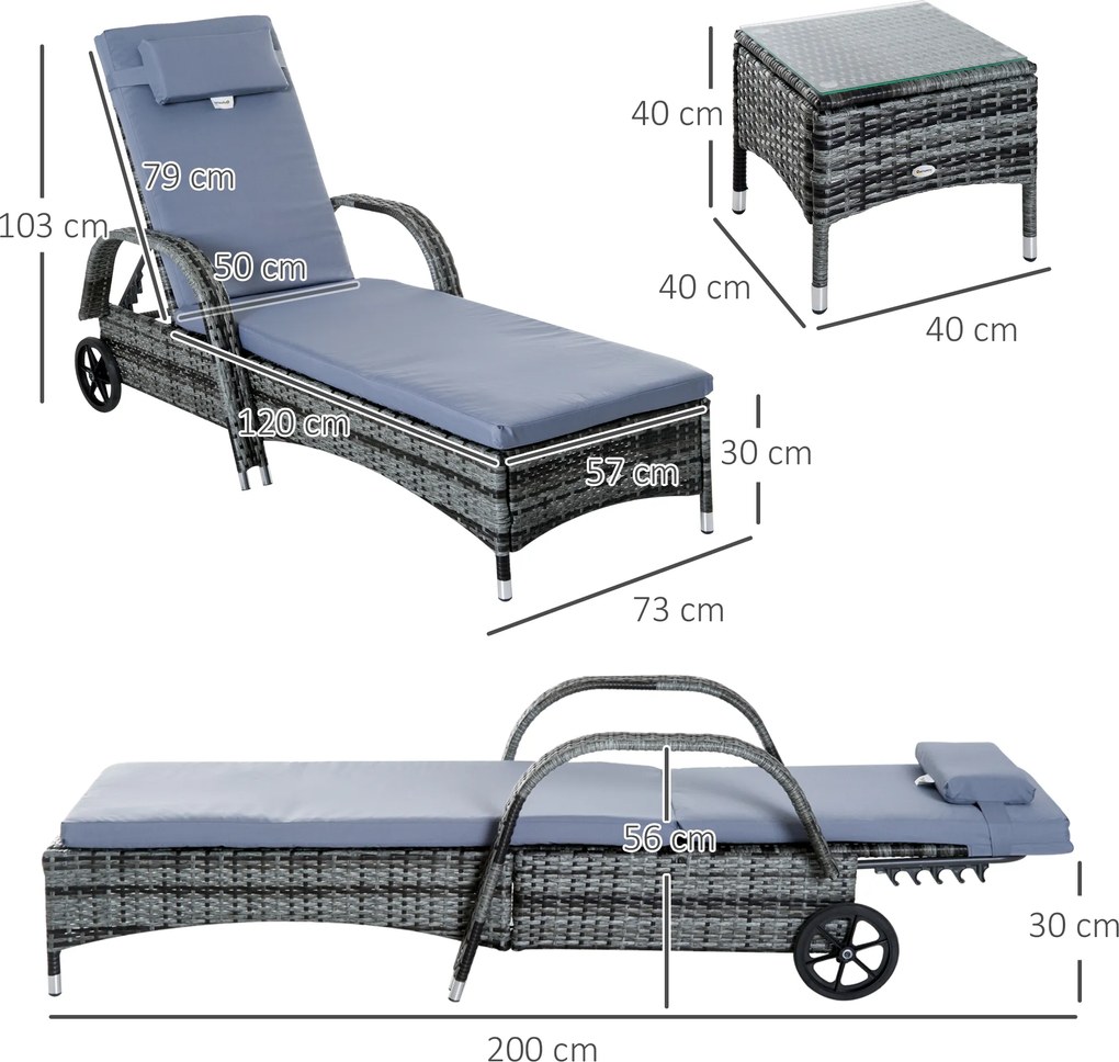 Zahradní lehátko Outsunny sada 3 zahradních stolků, polyratan + kovově šedá | Aosom