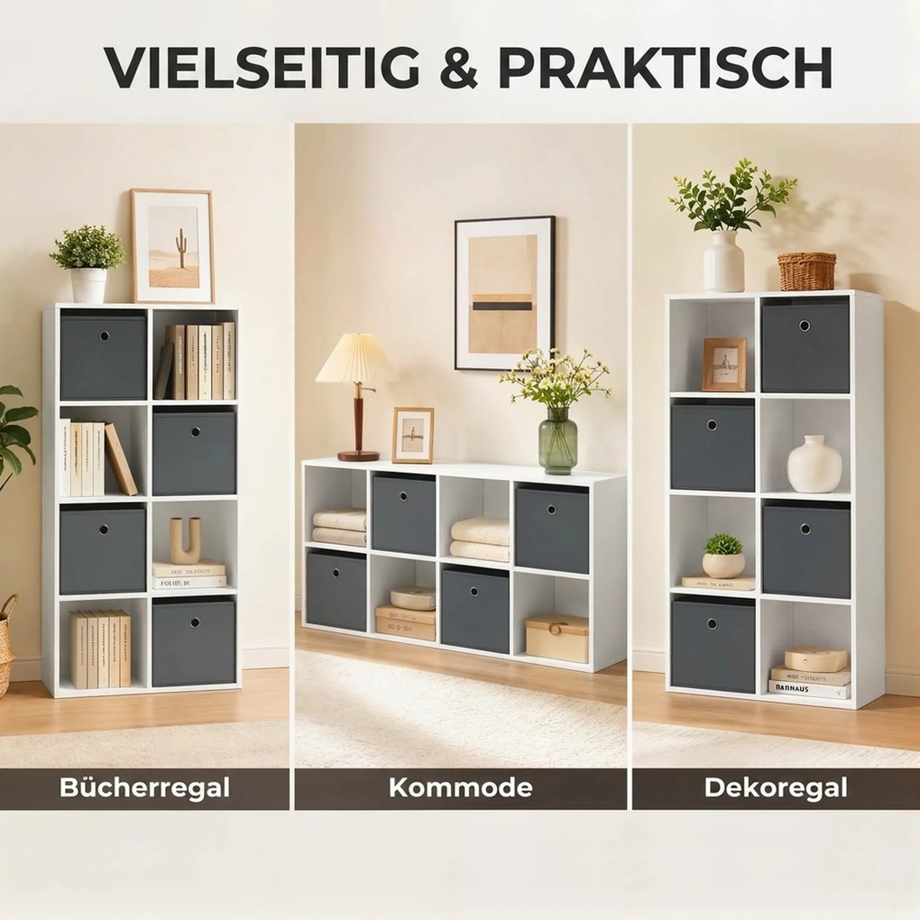 HOMCOM regál s 8 přihrádkami a 4 látkovými zásuvkami, úložný regál, všestranný, šedý
