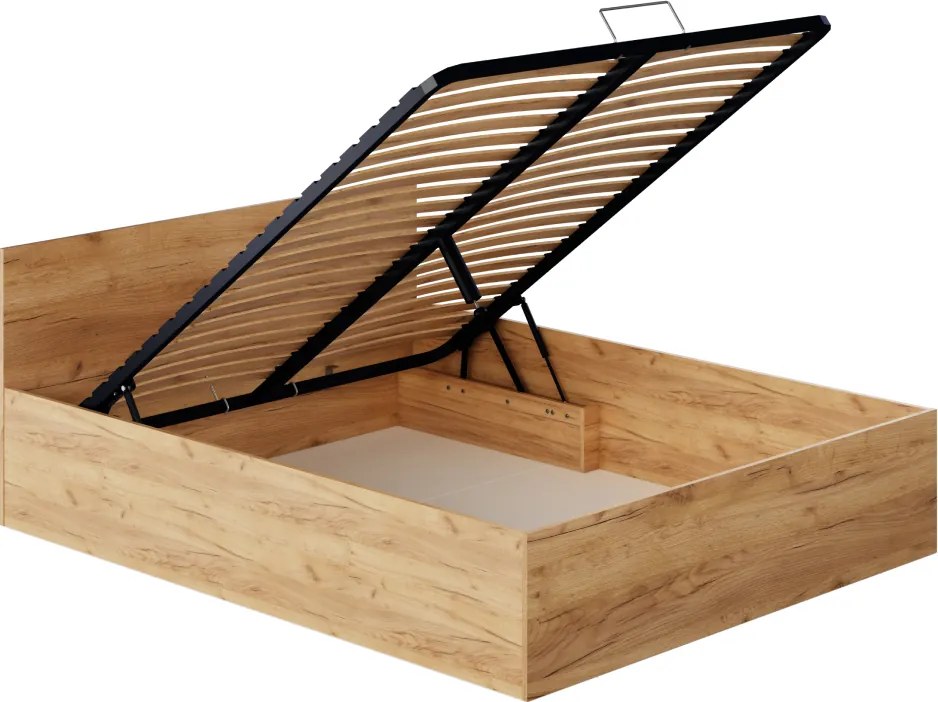Postel s kovovým roštem a úložným prostorem, 160x200, dub craft zlatý, DOLI