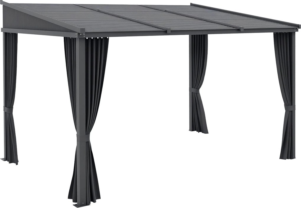Pergola Outsunny, 3,65 x 2,55 m, Pavilon, Kryt terasy s posuvnou střechou, Zahradní pergola s závěsy, pro zahradu, dvůr, Hliník + kov, Tmavě šedá | Ao