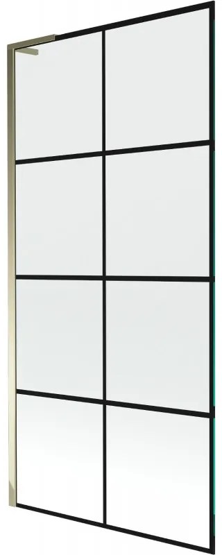 Mexen Next L, 1-křídlová vanová zástěna 90 x 150 cm, 6mm čiré sklo-černý vzor, zlatý lesklý profil, 895-090-000-03-77-50
