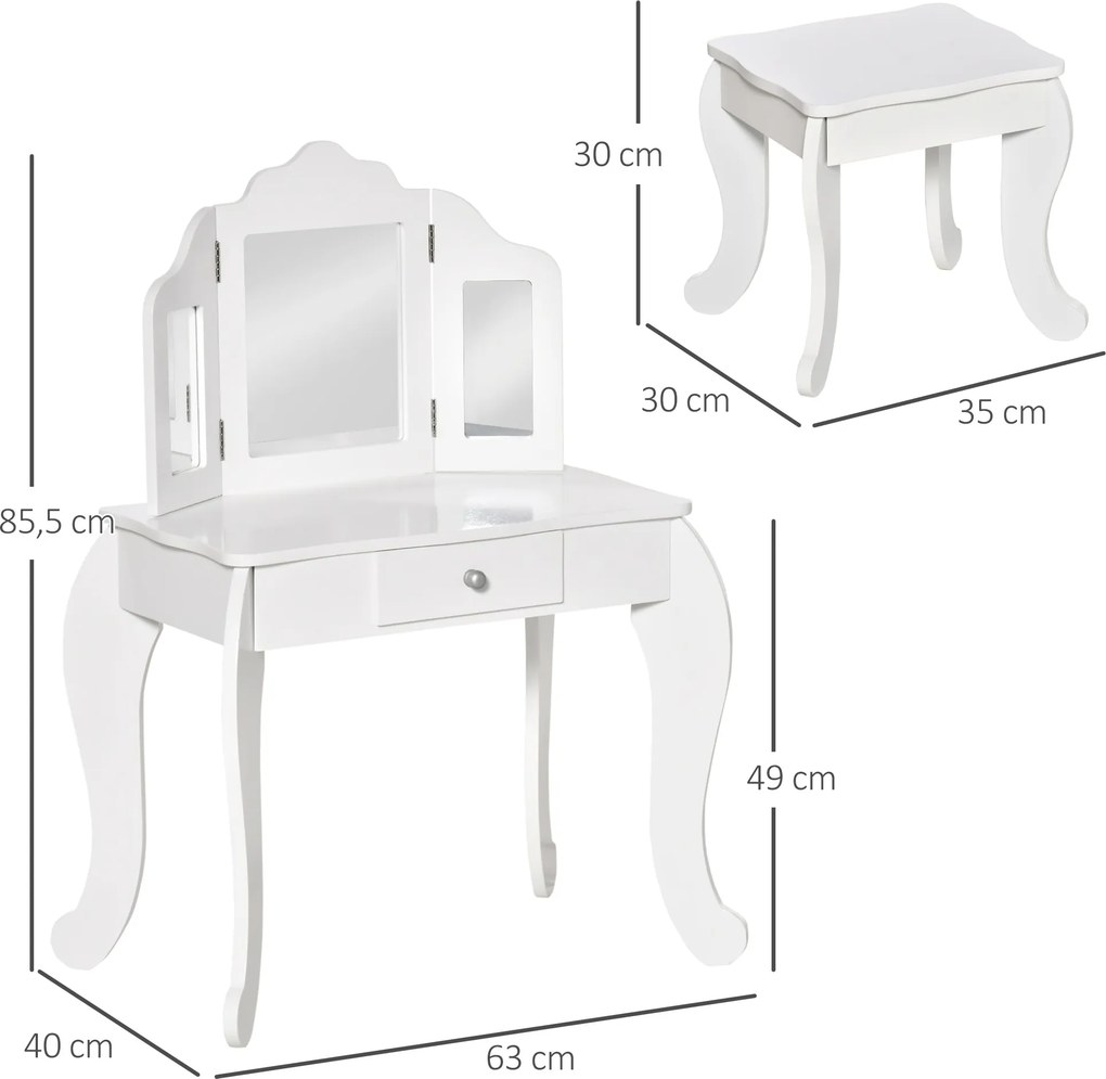 HOMCOM Dětský toaletní stolek s taburetem, triptychem zrcadel a posuvným zásuvkou - Rozměry toaletního stolku 63D x 40Š x 85,5V cm - Bílý akryl