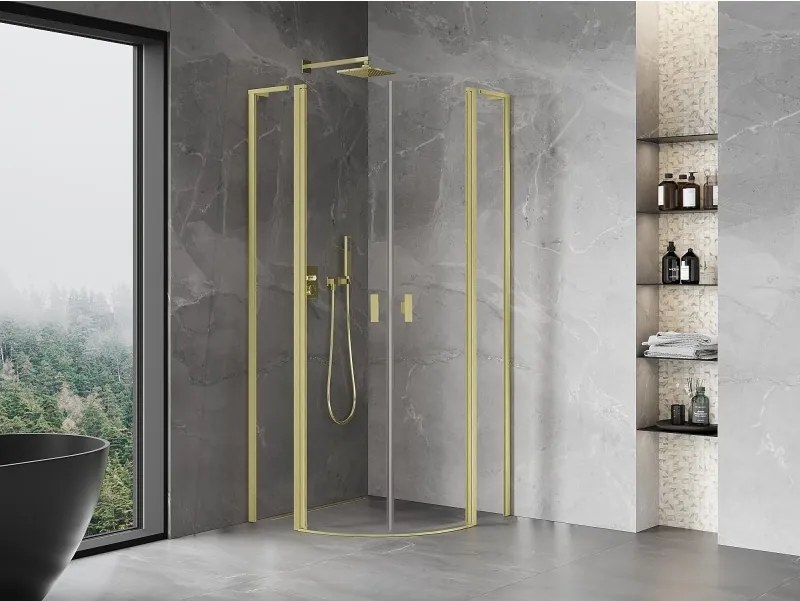Mexen Mist L, čtvrtkruhový sprchový kout s 2-křídlými dveřmi, 80 x 80 cm, 8mm čiré sklo, zlatý matný profil, 8A32L-080-080-55-00