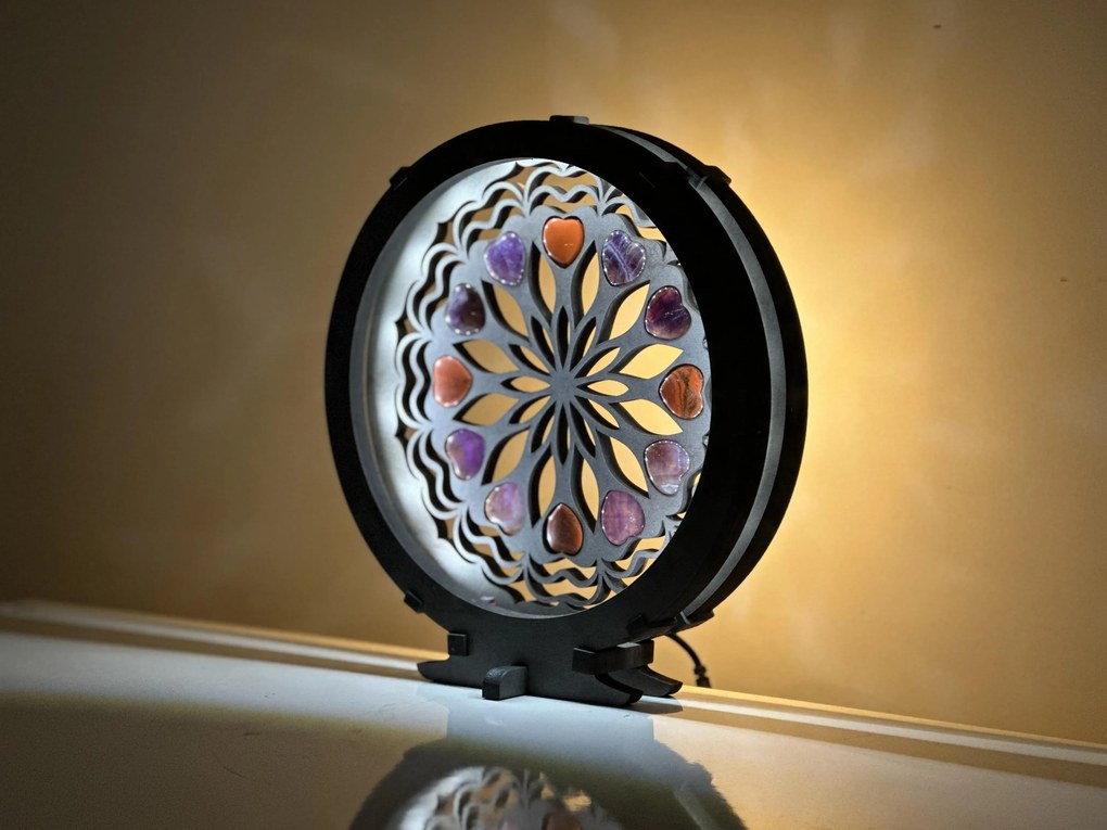 Li-Go "Srdce, ametystová/karneolová mandala" Stolní lampa 20x22 cm černá s patinou