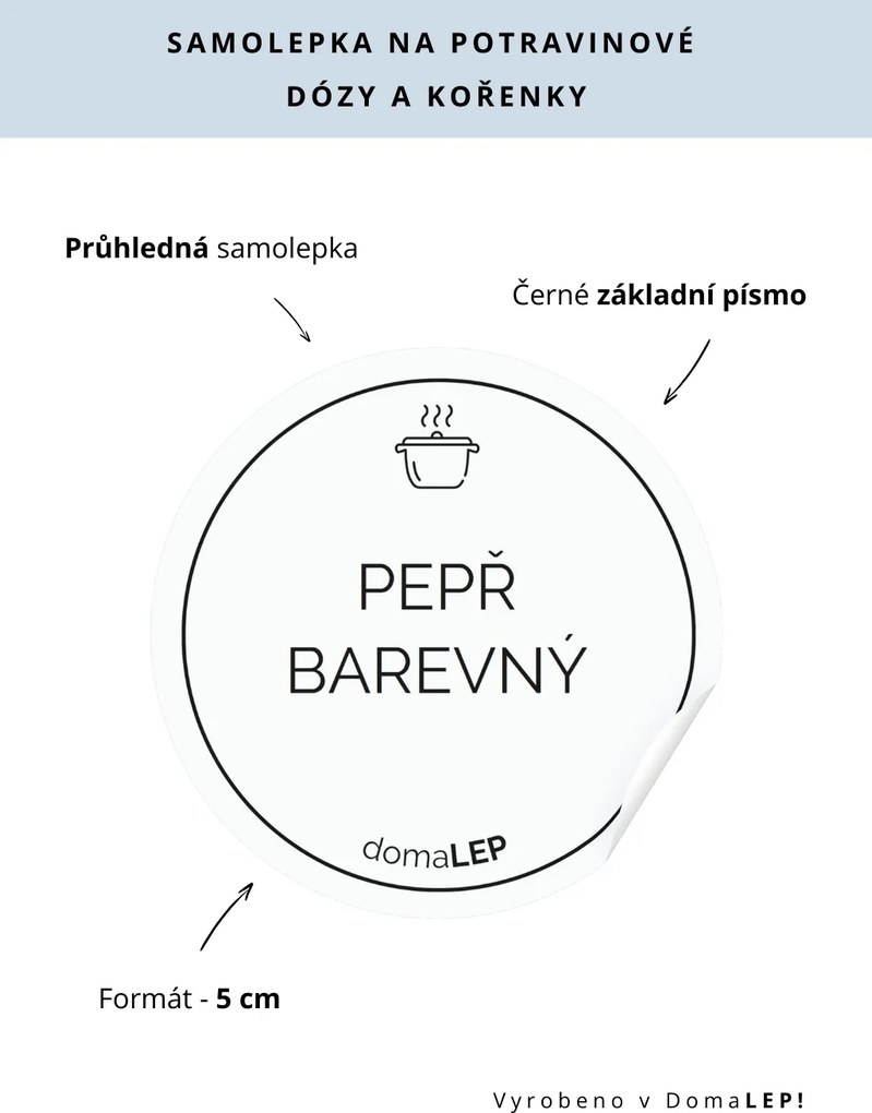 Samolepka na kořenky PEPŘ BAREVNÝ průhledná 5 cm základní písmo