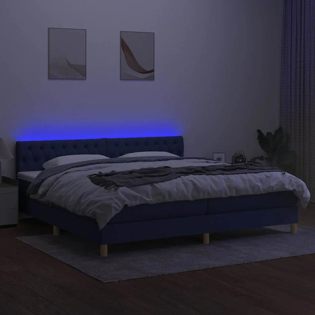 Box spring postel s matrací a LED modrá 200x200 cm textil 3133987