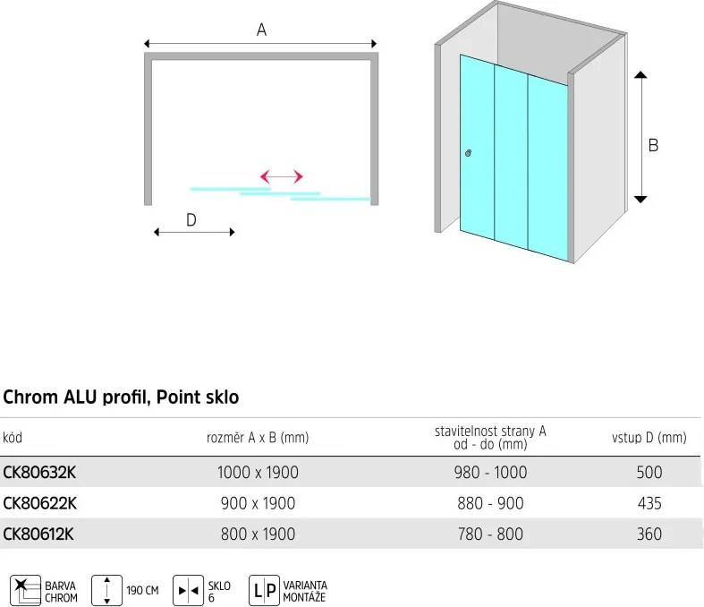 Mereo Mereo, Sprchové dveře, LIMA, trojdílné, zasunovací, chrom ALU, sklo Point, CK80622K