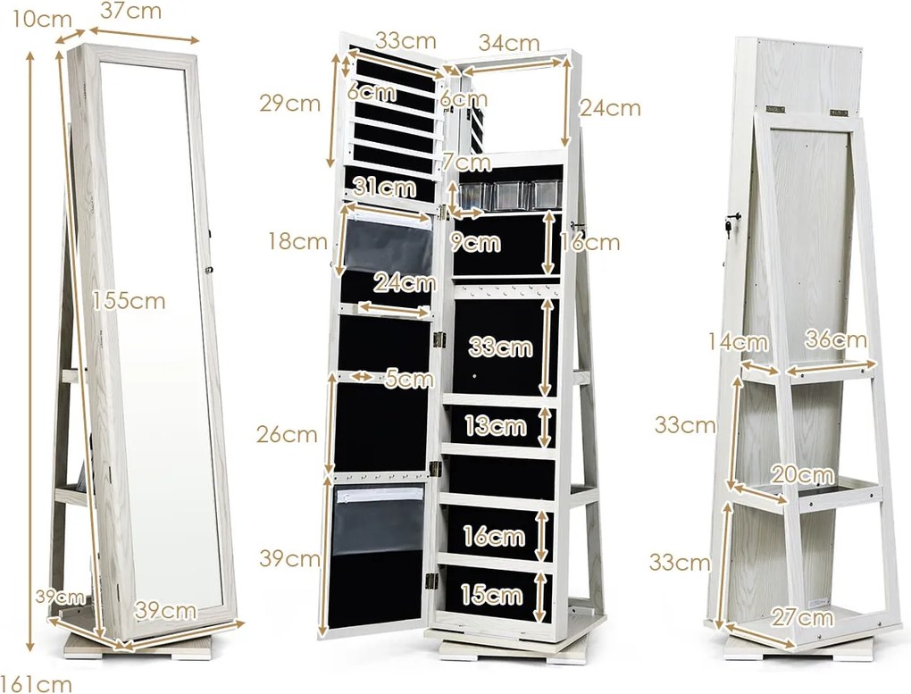 Costway Um 360° otočná šperkovnice 2 v 1 Skříňka na šperky – 39 × 39 × 161 cm