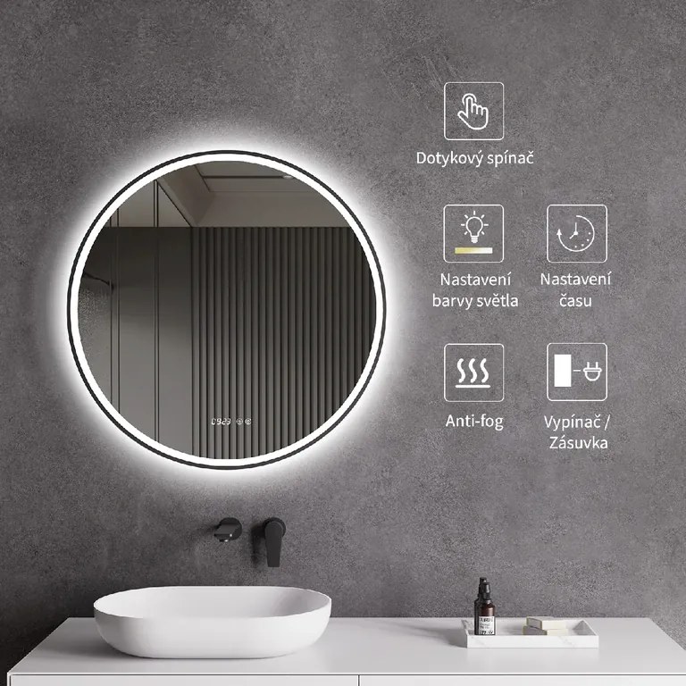 CERANO - Koupelnové LED zrcadlo Rivo, kovový rám - černá matná - Ø 80 cm