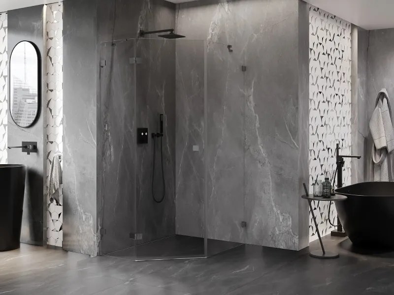 Mexen Lunar, pětiúhelníkový sprchový kout naklápěcí doleva 80 x 100 cm, 8mm čiré sklo, profil grafit broušený, 831-080L-100P-66-00-L