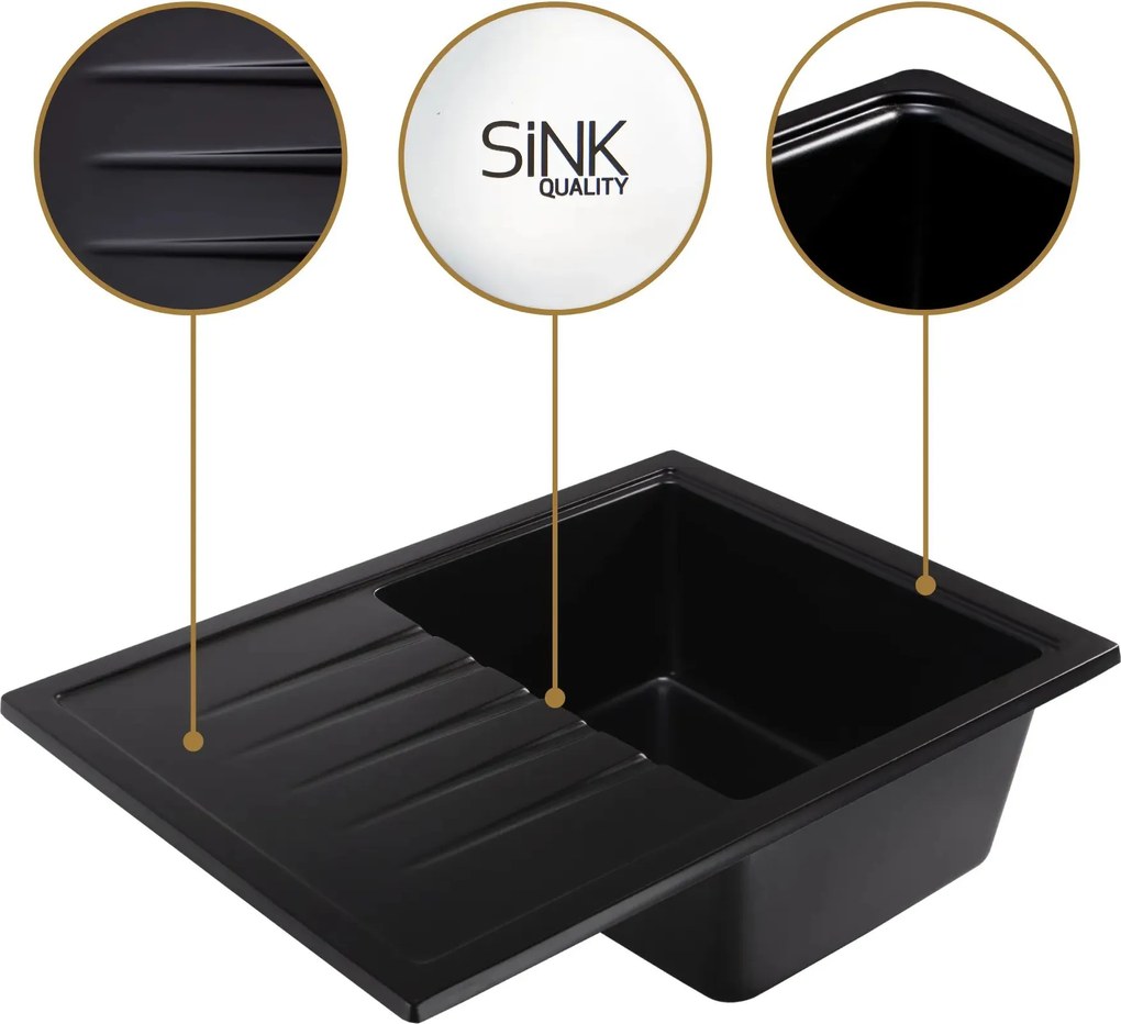 Sink Quality Titanite, kuchyňský granitový dřez 680x495x215 mm + zlatý sifon, černá, SKQ-TIT.C.1KKO.XG