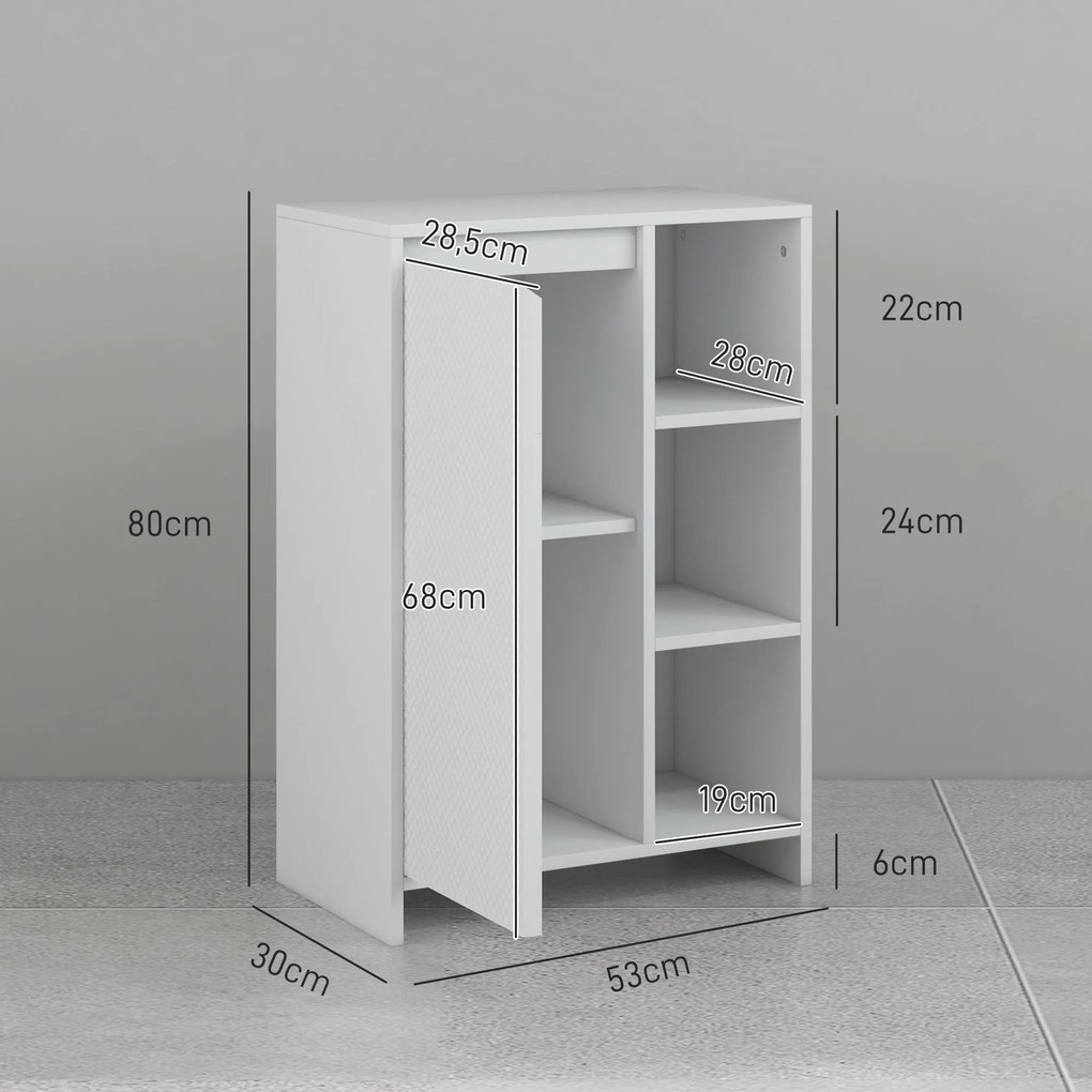 Koupelnová skříň HOMCOM, úložný nábytek se 3 otevřenými přihrádkami a 1 skříňkou s nastavitelnou policí, 53 x 30 x 80 cm, bílá
