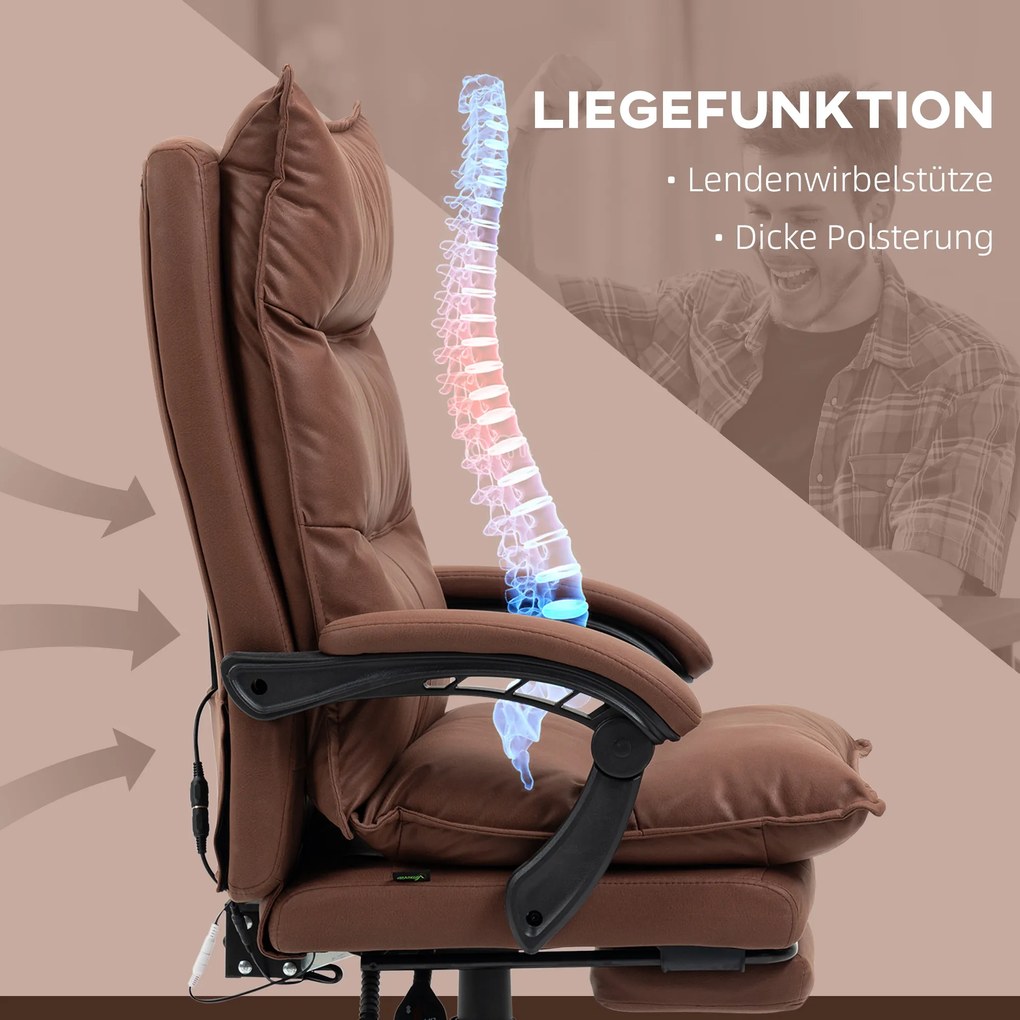 Kancelářská židle Vinsetto s masážní funkcí, naklápěcí v úhlu 155°, otočná židle s područkami, ergonomická kancelářská židle, hnědá