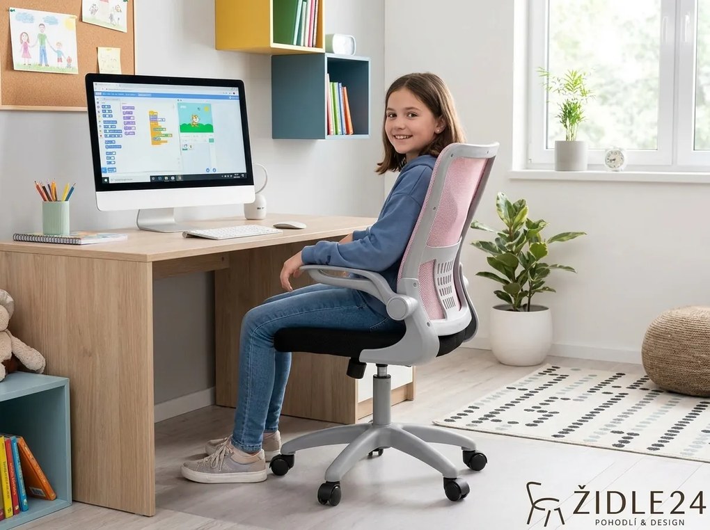 Juniorská židle ROGER - růžová síťovina