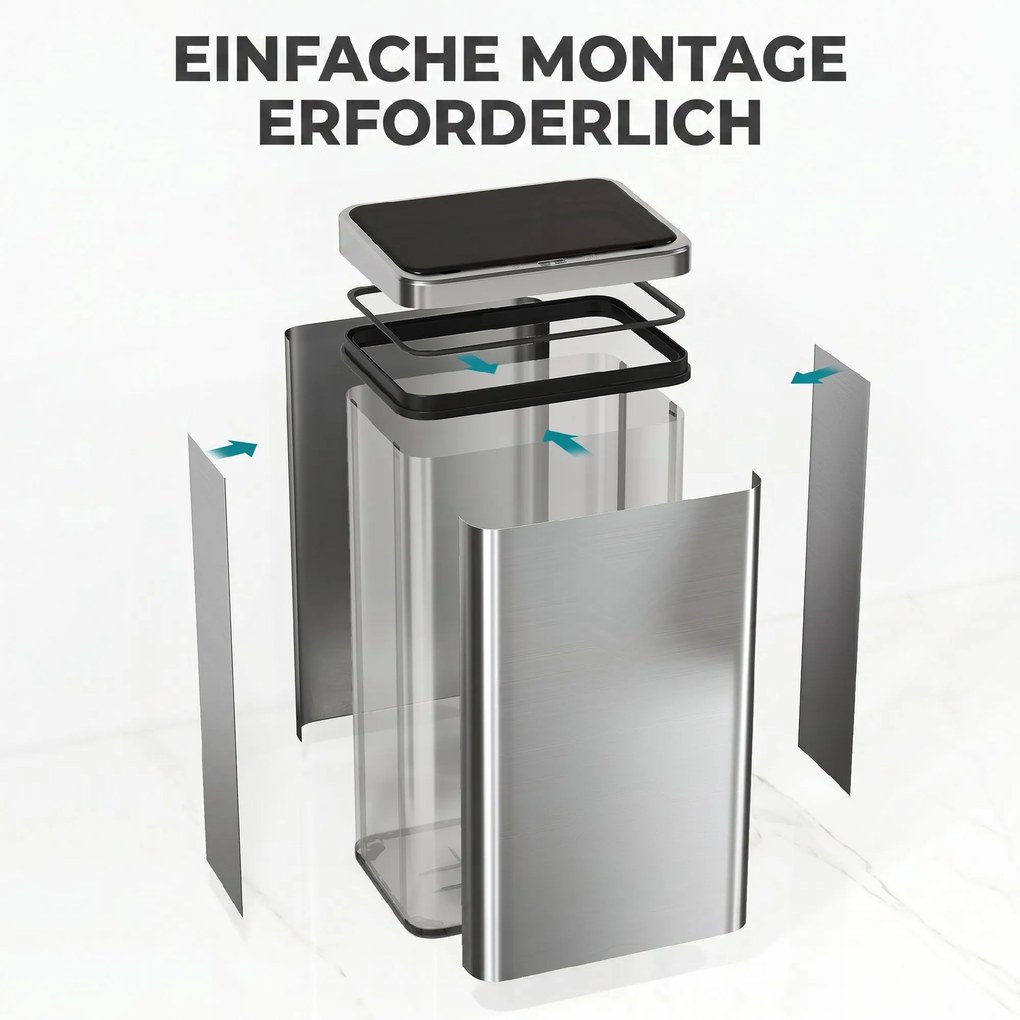 HOMCOM Senzorový odpadkový koš 50 l nerezová ocel Automatický odpadkový koš s víkem s měkkým zavíráním Senzor pohybu 35,5 x 26 x 67 cm Stříbrná barva