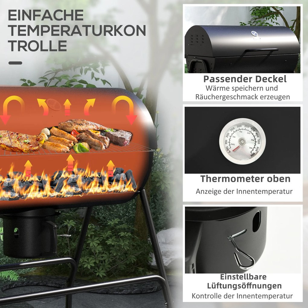 Kovový gril na dřevěné uhlí BBQ udírna s víkem Teploměr Kolečka Grilovací vozík 95x71,5x102 cm Černá barva