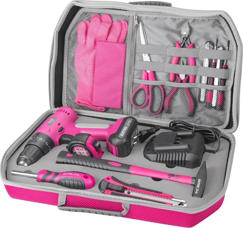 Vrtací šroubovák aku s příklepem, růžový, 12 V Li - ion, 2000 mAh, v kufru s nářadím, sada 27 ks EXTOL LADY 402403