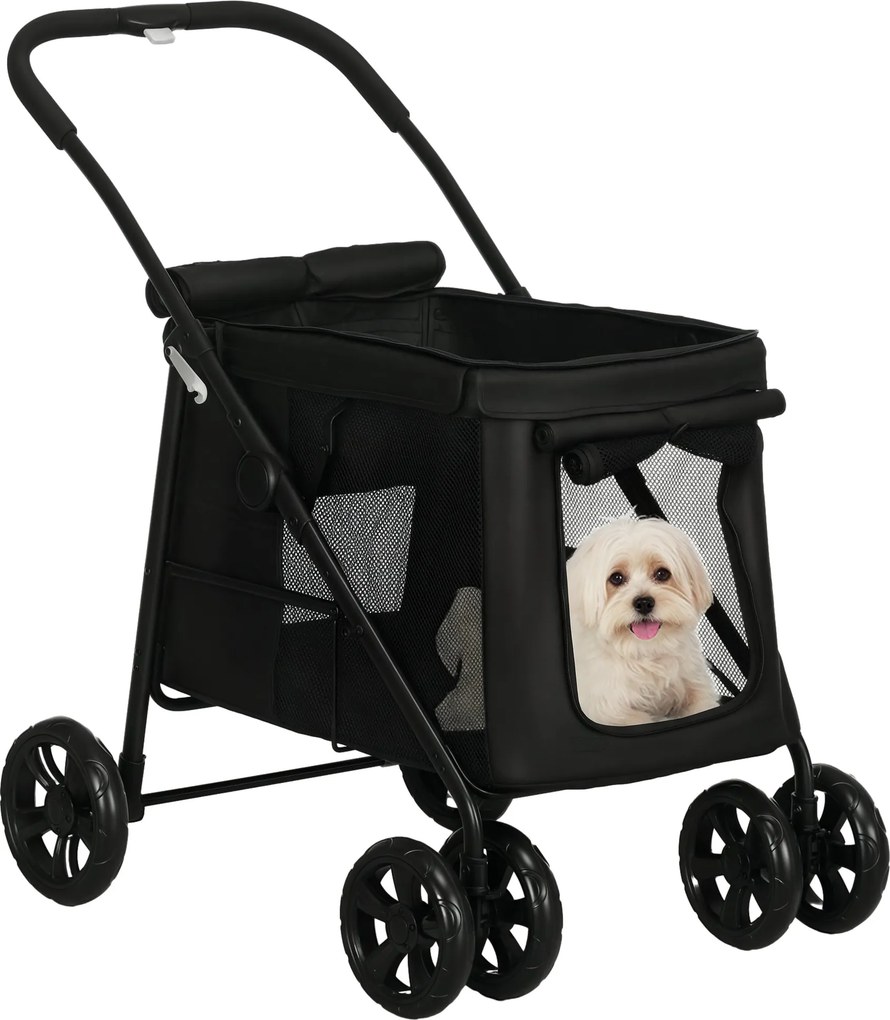 PawHut Psí Kočárek, Skládací Psí Buggy, Psí Trolej s Polštářem, Kočárek pro Kočky do 20 kg, Kočárek pro Malé a Středně Velké Psy se Bočními Kapsami, S