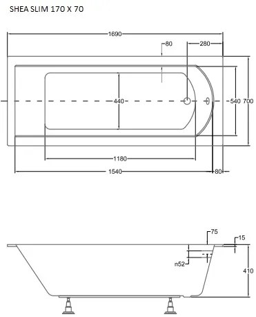 NIKIDO - B Akrylátová vana SHEA SLIM 140x70, 150x70, 160x70, 170x70 Velikost: 140x70