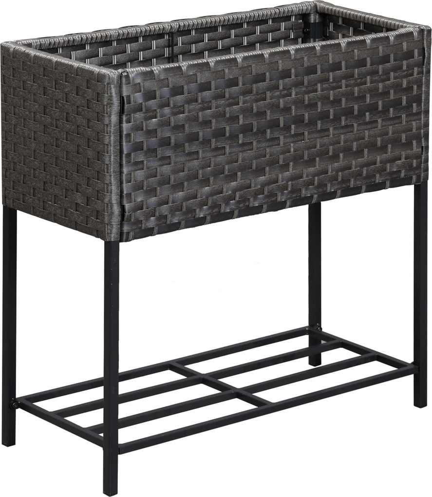 Vyvýšený záhon Outsunny z polyratanu s nožičkami a policí, 70 x 30 x 72 cm, hnědý pro zahradu balkon terasu | Aosom.de